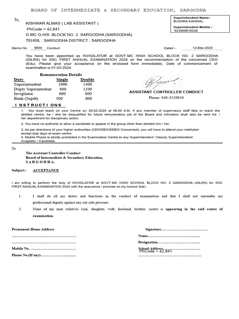 Invigilator Appointment Memo for SSC Exam | PDF