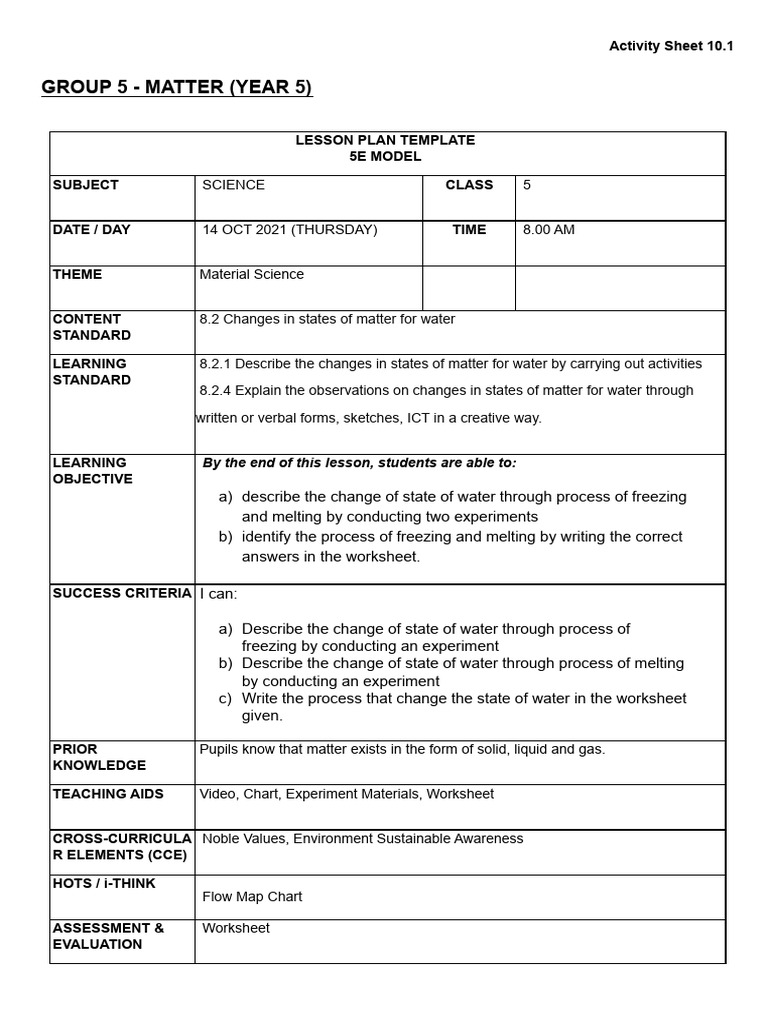 Group 5 5 Activity Sheet 10 1 Lesson Plan Template 5E Model | PDF | Ice ...