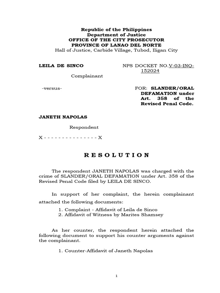 Resolution For Complaint-Affidavit (Oral Defamation) | PDF | Law