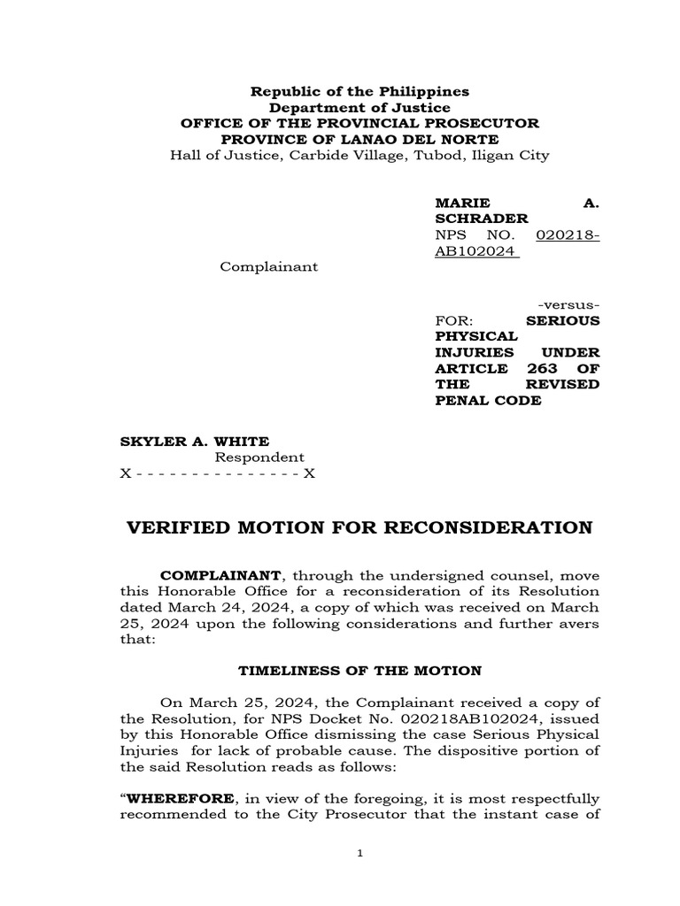 Motion For Reconsideration - FOR SERIOUS PHYSICAL INJURIES | PDF | Affidavit | Criminal ...