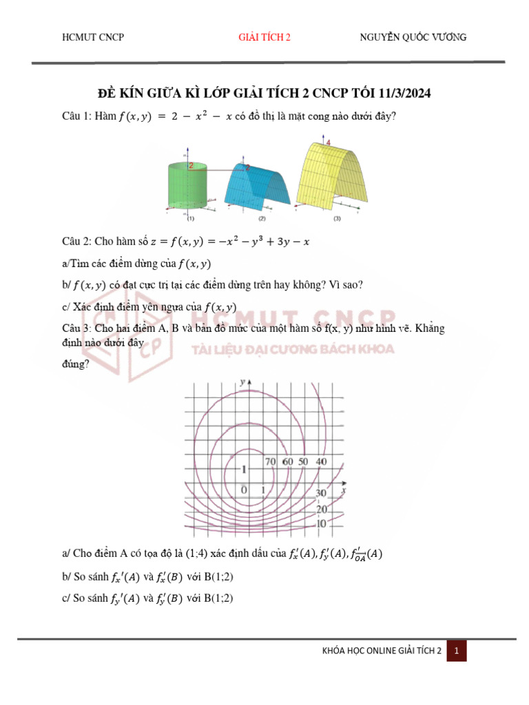 ĐỀ KÍN LỚP GIẢI TÍCH 2 HK232 CNCP NGÀY 11.3.2024 | PDF