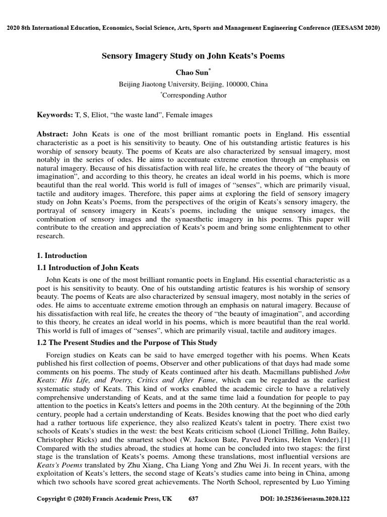 Jhon Keats Sensory Imagery | PDF | John Keats | Perception