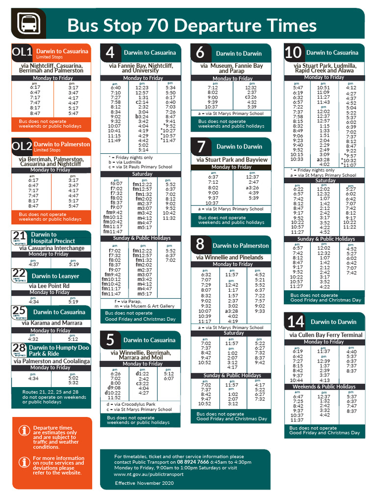 Bus 70 Timetable for Darwin and Palmerston | PDF | Transport | Public ...