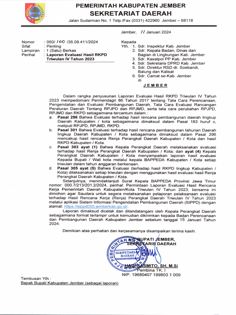 Jan 11, Laporan Evaluasi Hasil RKPD Triwulan IV Tahun 2023 | PDF