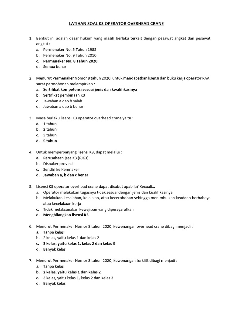 Latihan Soal K3 Operator Overhead Crane | PDF
