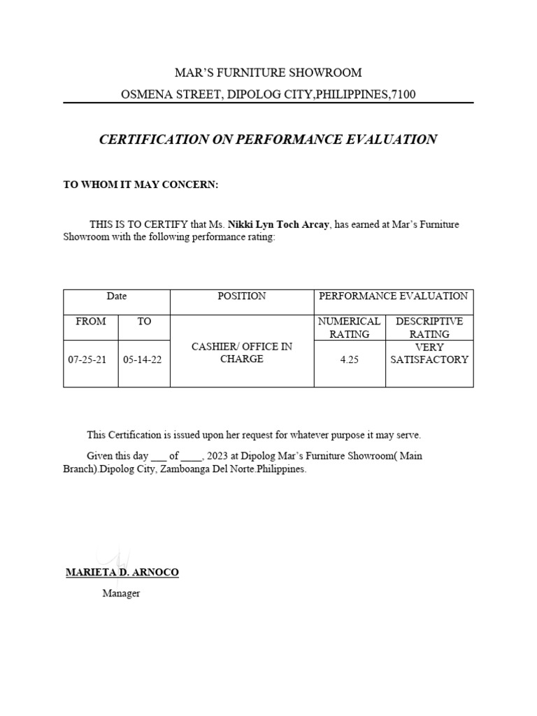 Certification of Performance Evaluation | PDF