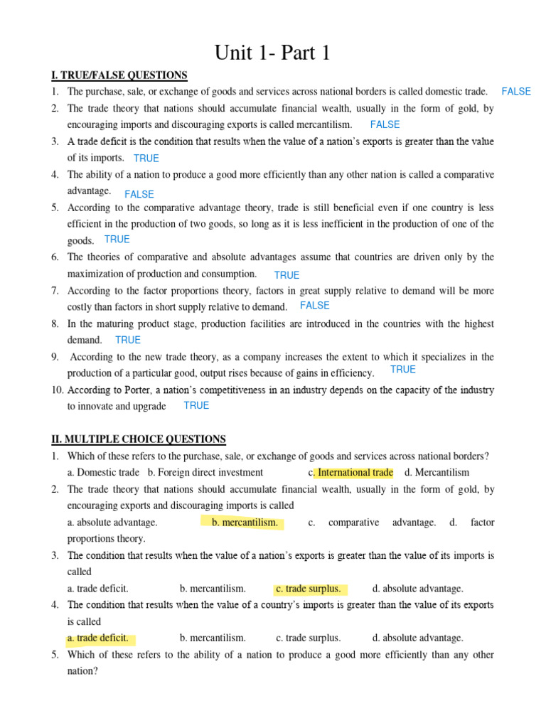 Trade Theories and Concepts Quiz | PDF | Balance Of Trade | Mercantilism