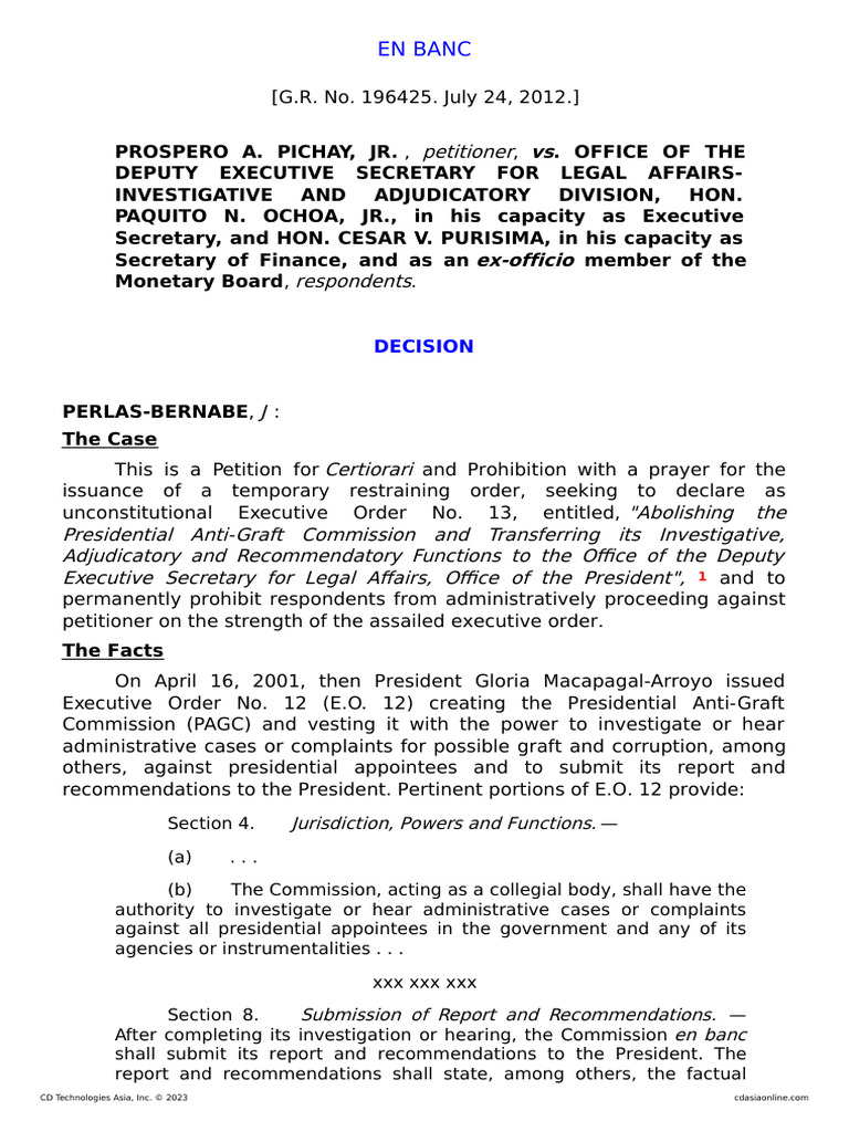 Pichay Jr. v. Office of The Deputy Executive | PDF | Presidents Of The ...