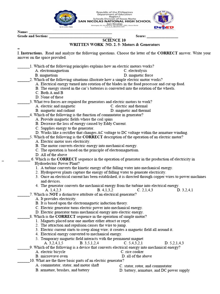 Science 10 AS 2.4 Motors and Generator | PDF | Electric Generator ...