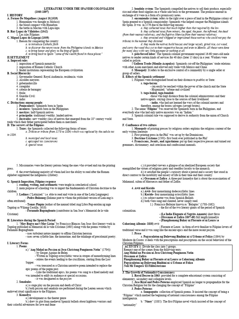 Handouts LITERATURE UNDER THE SPANISH COLONIALISM | PDF