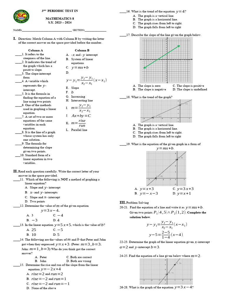 Periodical Test Grade 8 3rd QTR | PDF | Equations | Mathematical Analysis