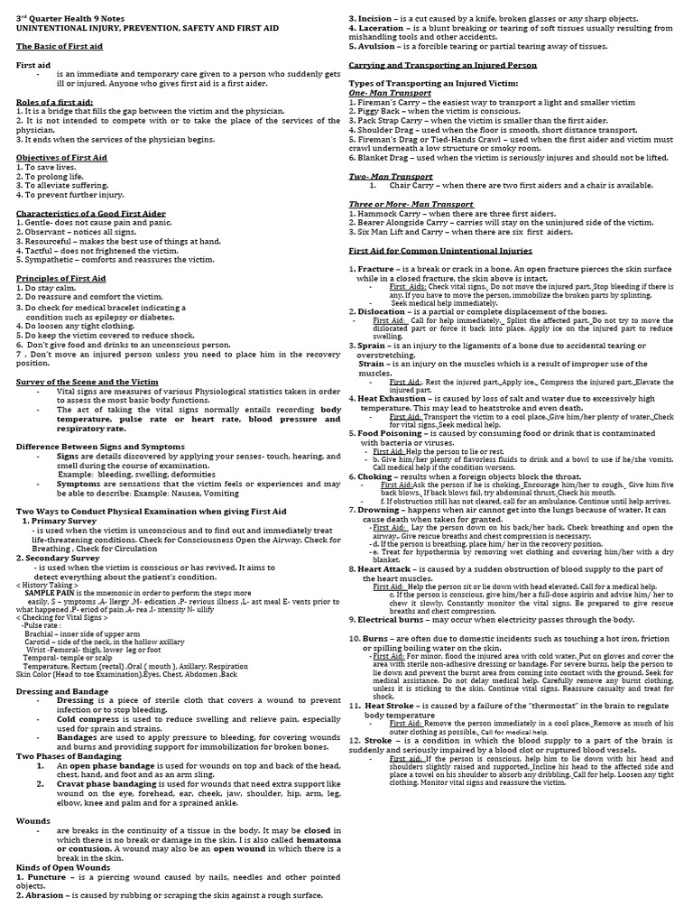 3rd Grading Health Notes First Aid and Unintentional Injury | PDF