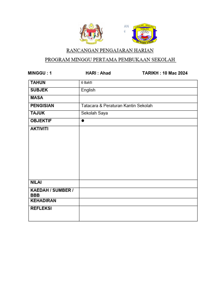 Format RPH Minggu Pertama | PDF