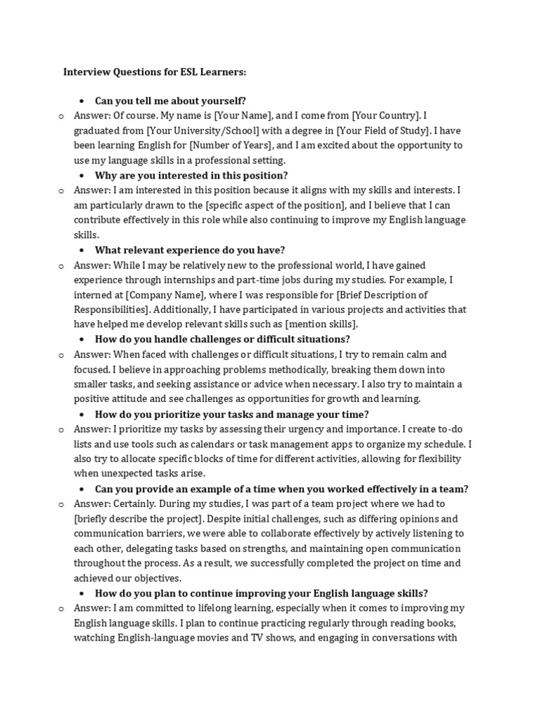 Interview Questions For ESL Learners | PDF