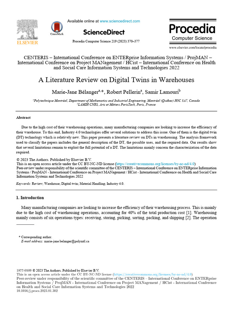 A Literature Review On Digital Twins in Warehou - 2023 - Procedia Computer Scien | PDF