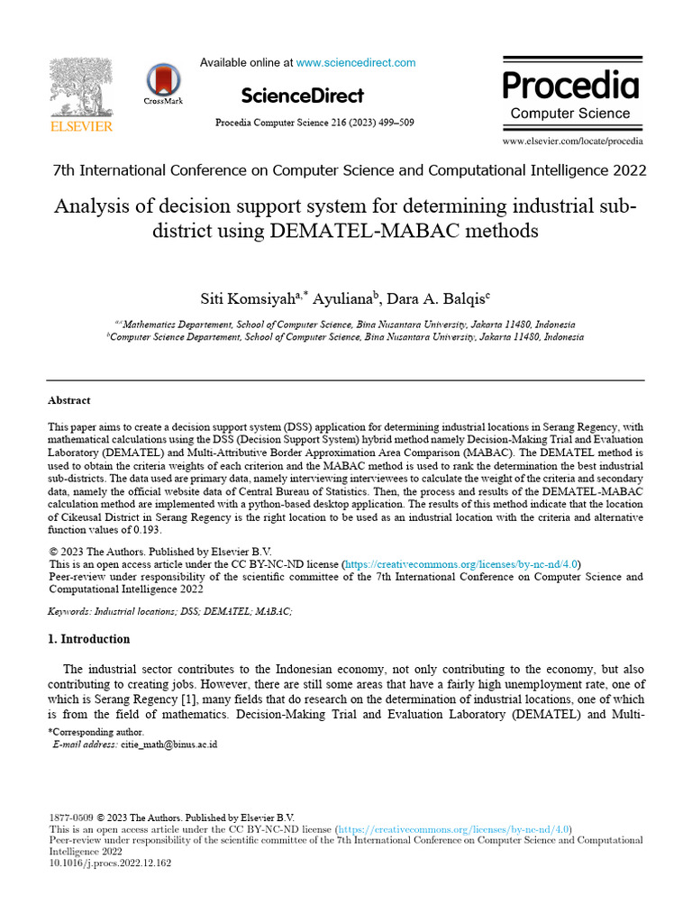 Analysis of Decision Support System For Determining Indus - 2023 - Procedia Comp | PDF ...