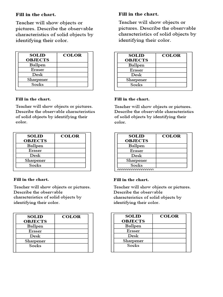 Fill in The Chart. Fill in The Chart.: Solid Objects Color Solid ...