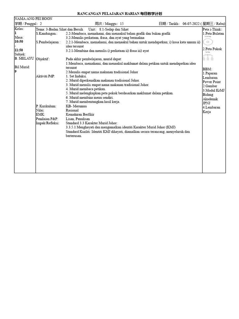 Contoh RPH KRMJ BM1 | PDF