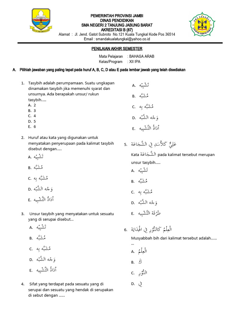 Soal Bahasa Arab Pas Genap Kelas Xii | PDF