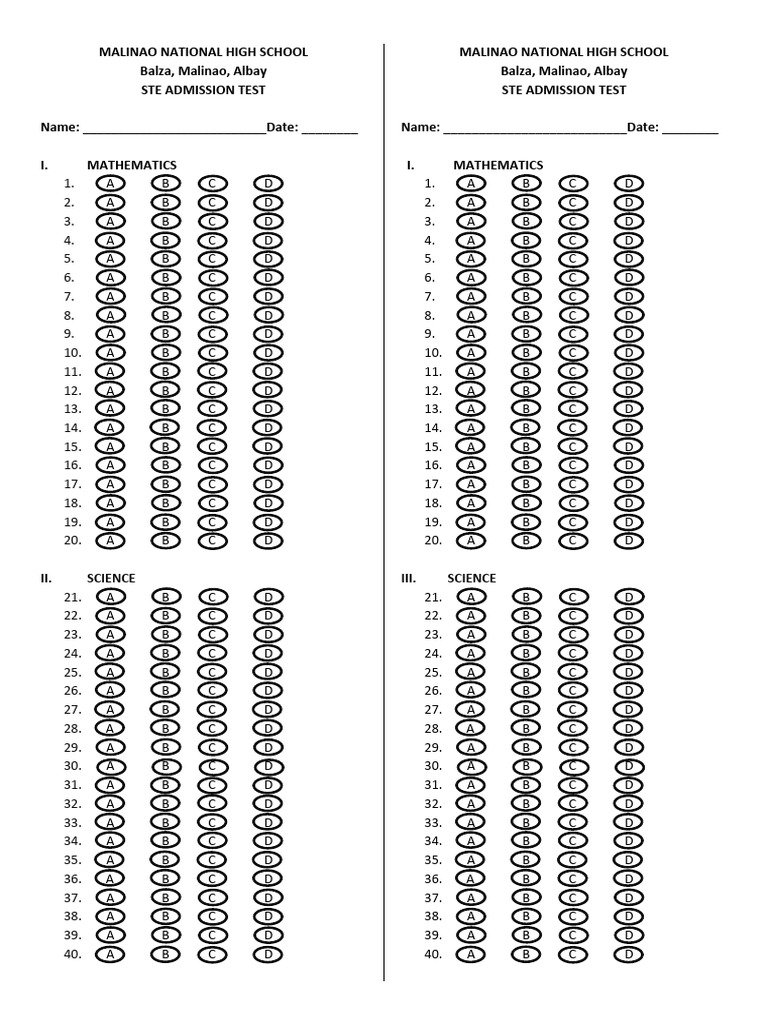 MALINAO NATIONAL HIGH SCHOOL ANSWER sHEET | PDF
