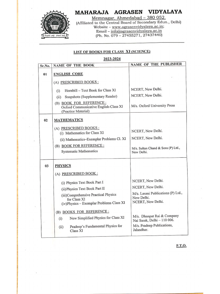 Booklist - Classes XI & XII - 2023-2024 | PDF
