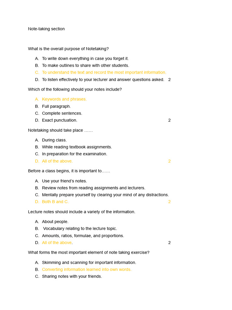 NOTE TAKING TEST QUESTIONS - Tagged | PDF | Human Communication | Cognition