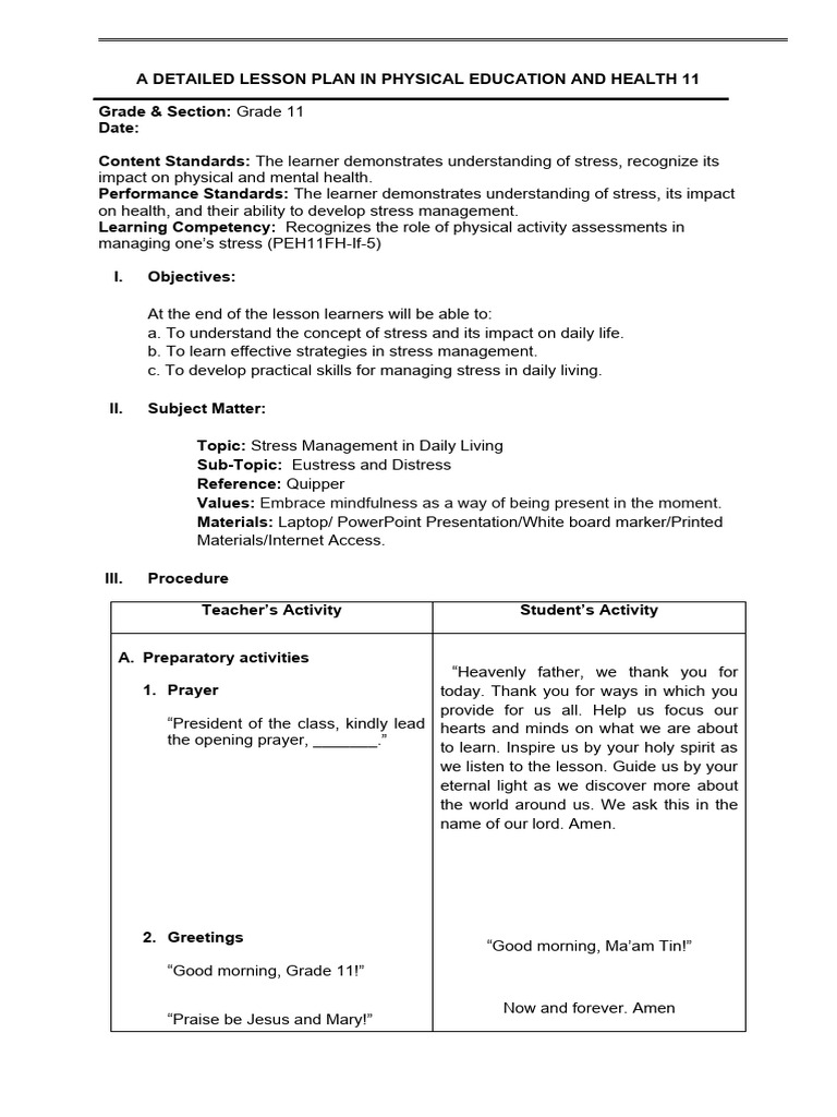 Stress Management Lesson Plan for Grade 11 | PDF | Stress (Biology ...