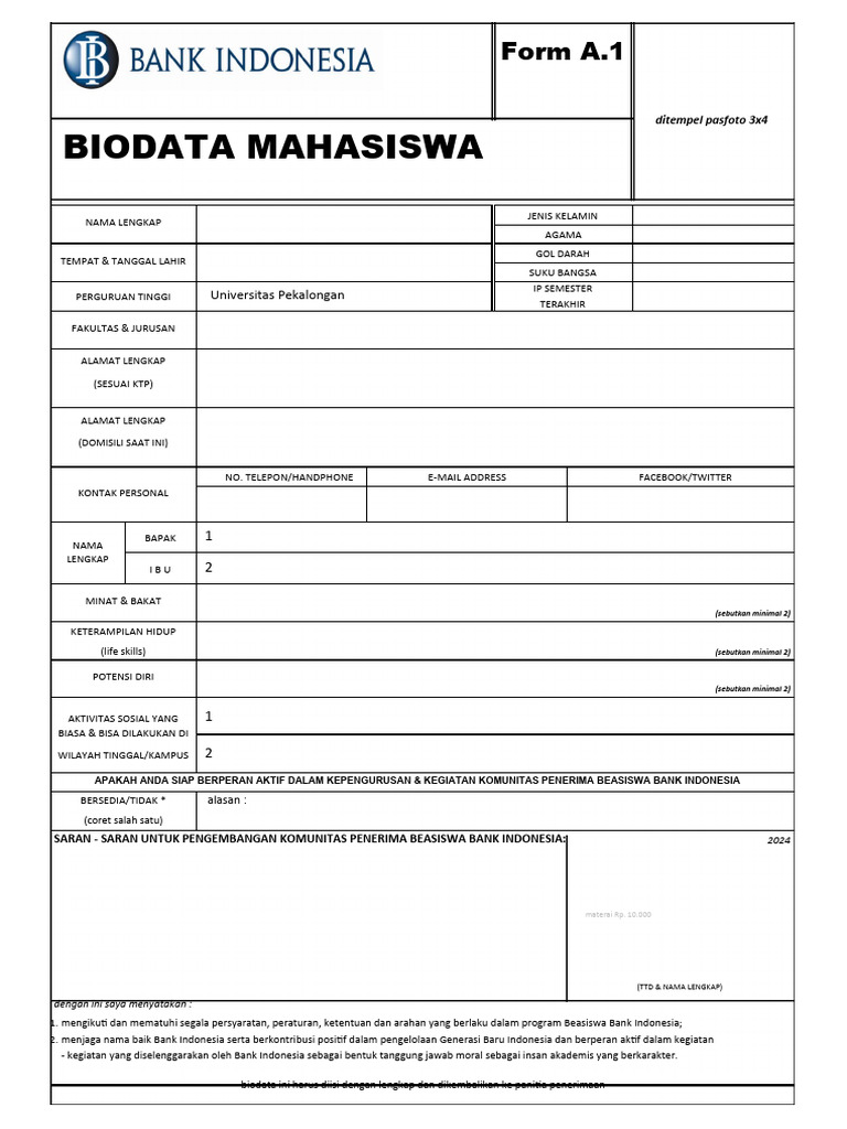 Form Biodata Bank Indonesia (A-1) | PDF