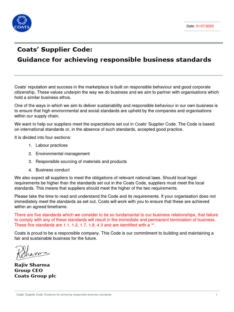 Coats Supplier Code for Responsible Standards | PDF | Employment ...