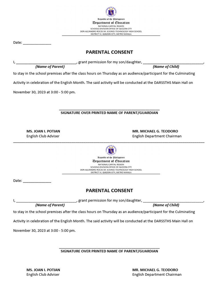 Parental Consent Culminating Activity | PDF