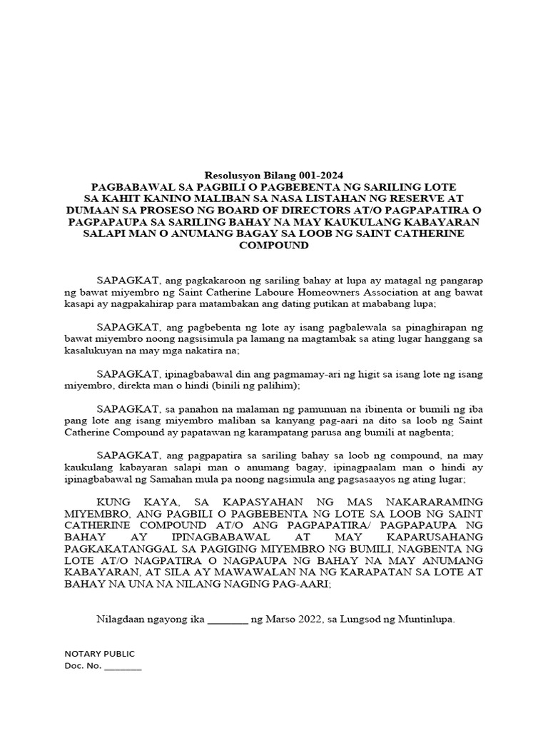 Reso 001-2022 Pagbabawal Sa Pagbebenta NG Lote | PDF