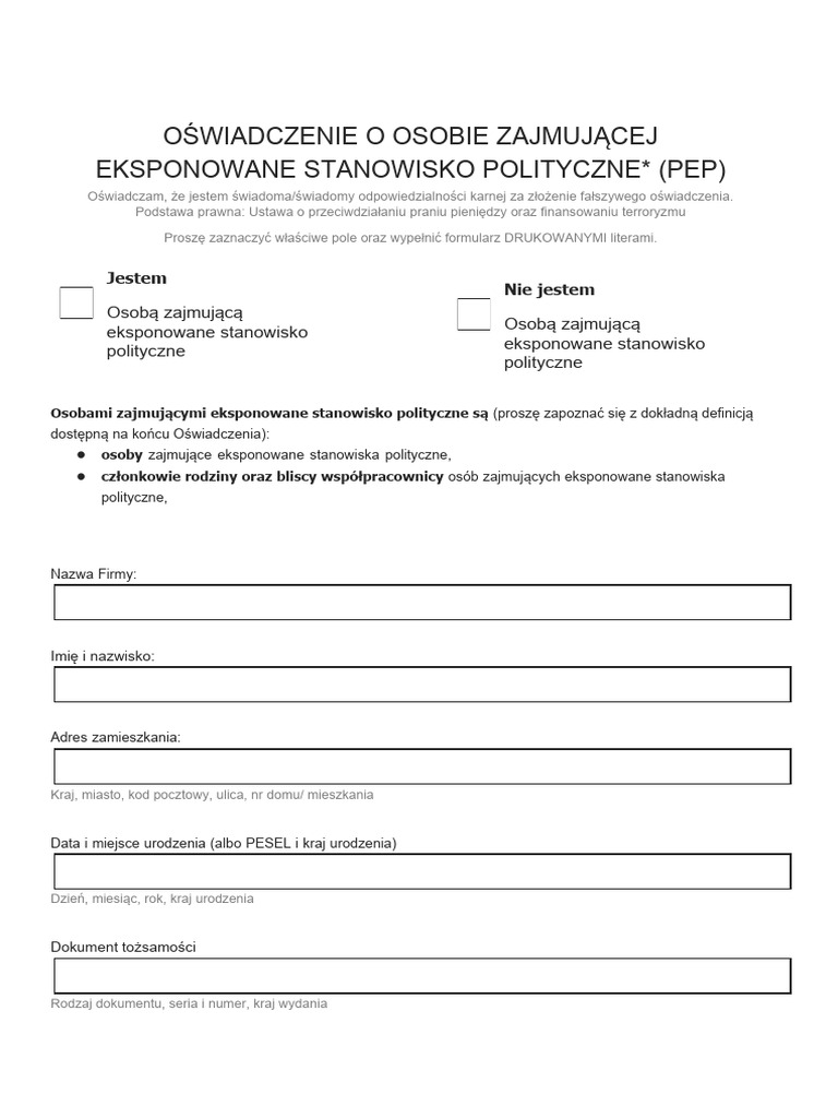 Oświadczenie O Osobie Zajmującej Eksponowane Stanowisko Polityczne (Pep ...