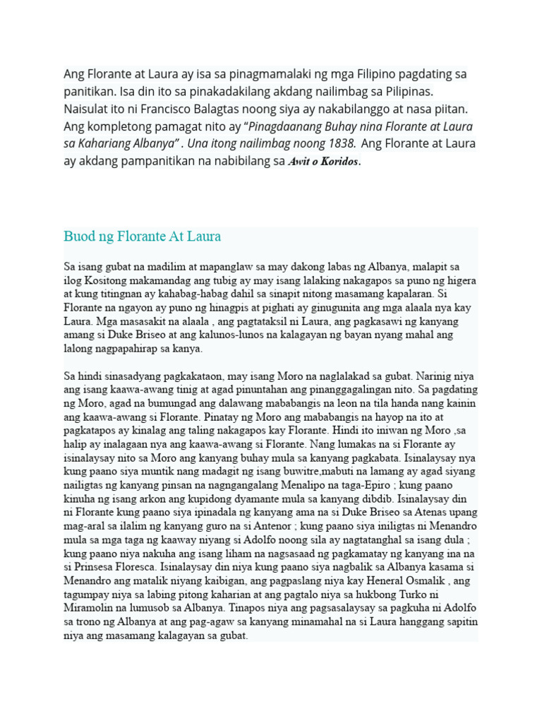 Buod NG Florante at Laura | PDF