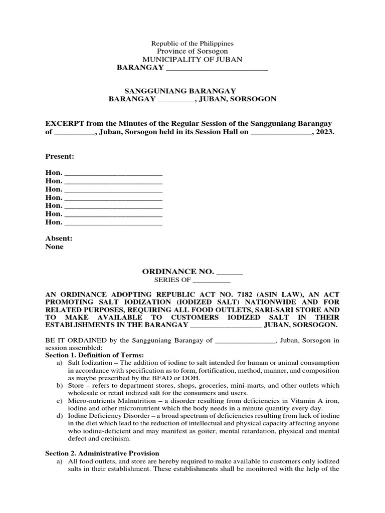 Barangay Ordinance Asin LAw | PDF | Micronutrient