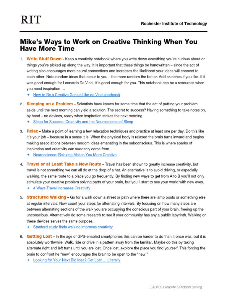 Ways To Work On Creative Thinking | PDF | Creativity | Neuroscience