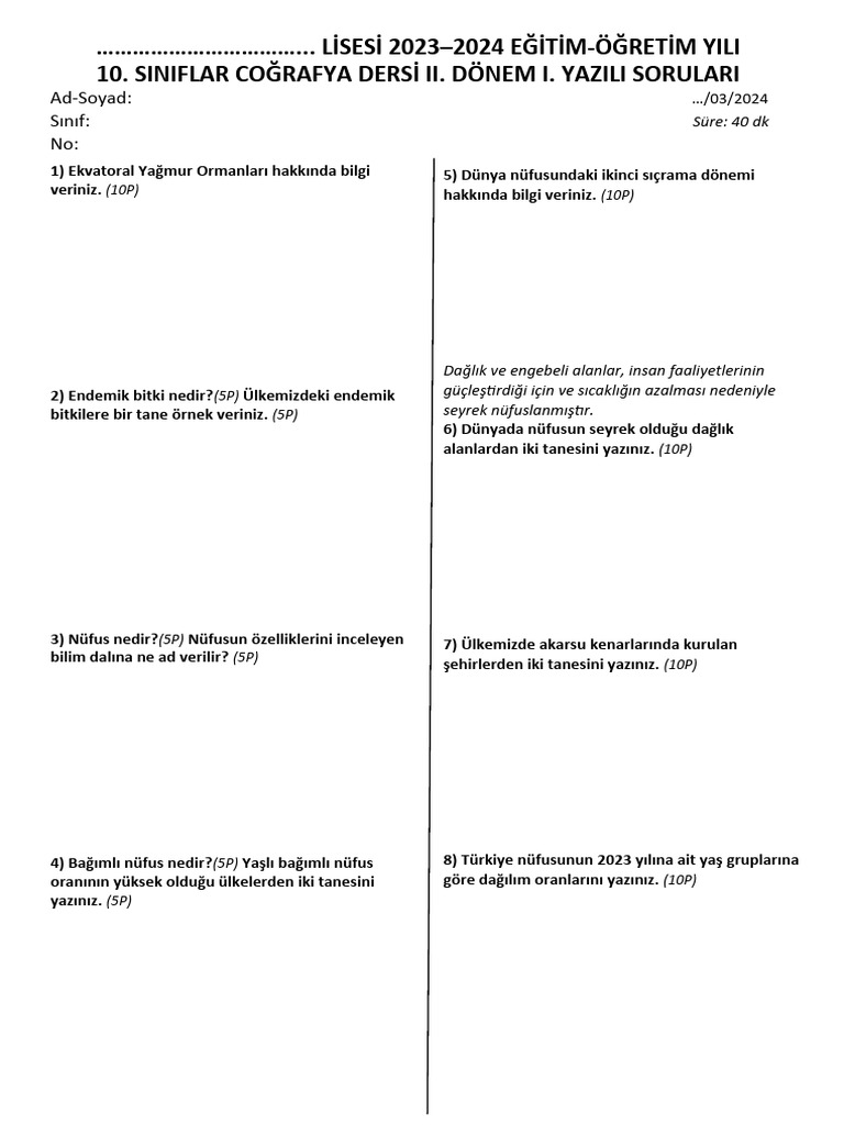 10 Sinif 2 Donem 1 Yazili 2023 2024 | PDF