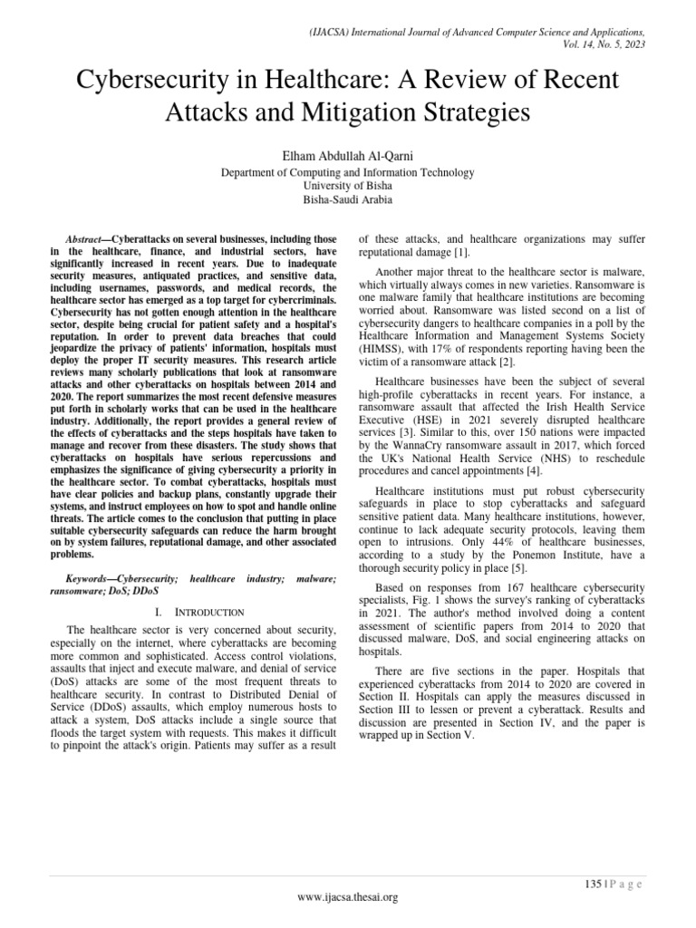 Paper 13 Cybersecurity In Healthcare A Review Of Recent Attacks Pdf Security Computer Security