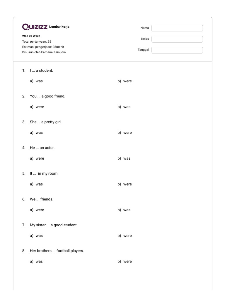 Was Vs Were - Quizizz | PDF