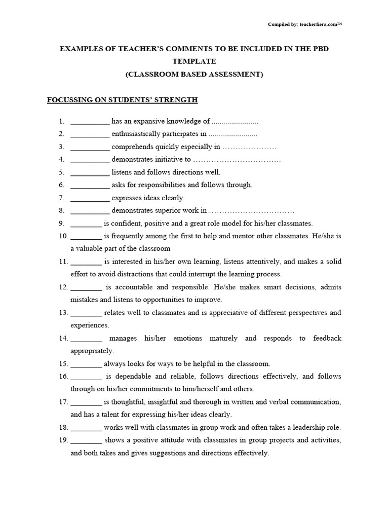 Examples of Teacher's Comments To Be Included in The PBD | PDF ...