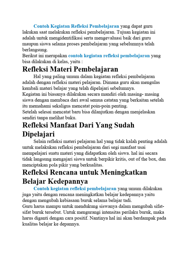 Contoh Kegiatan Refleksi Pembelajaran | PDF | Karier & Perkembangan