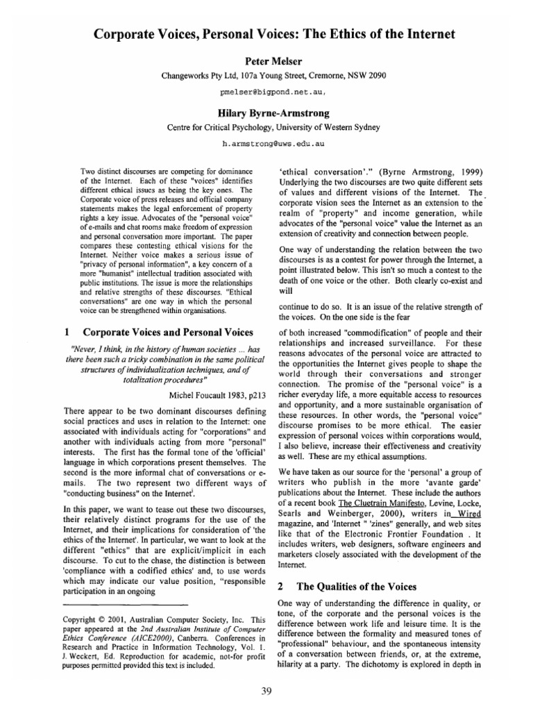 Corporate Voices, Personal Voices - The Ethics of The Internet | PDF | Privacy | Property