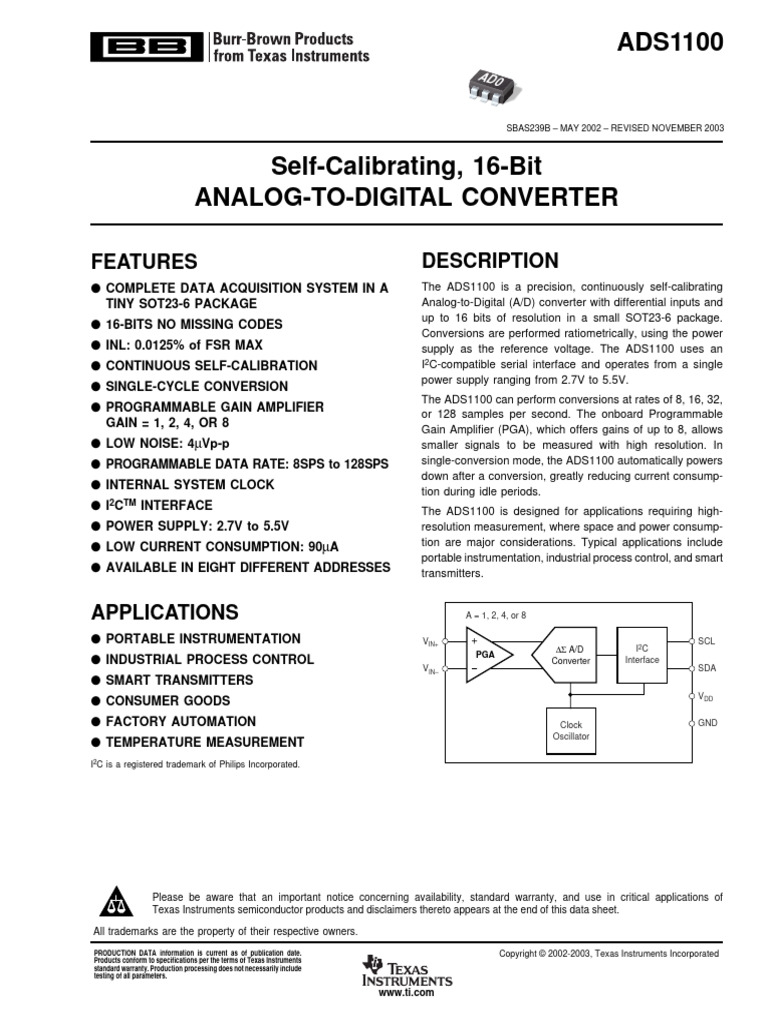 ADS1100 | PDF | Analog To Digital Converter | Bit Rate