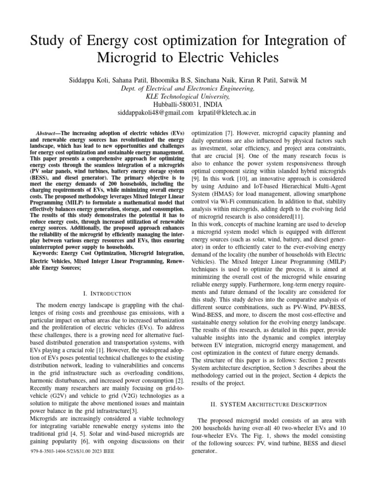 Energy Cost Optimization For Integration Of Microgrid To Electric Vehicles Pdf Distributed
