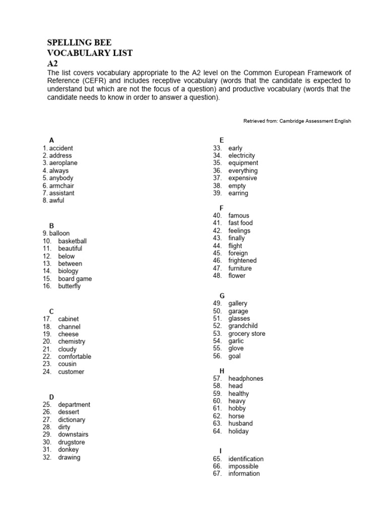 A2 - Vocabulary List 2023 | PDF