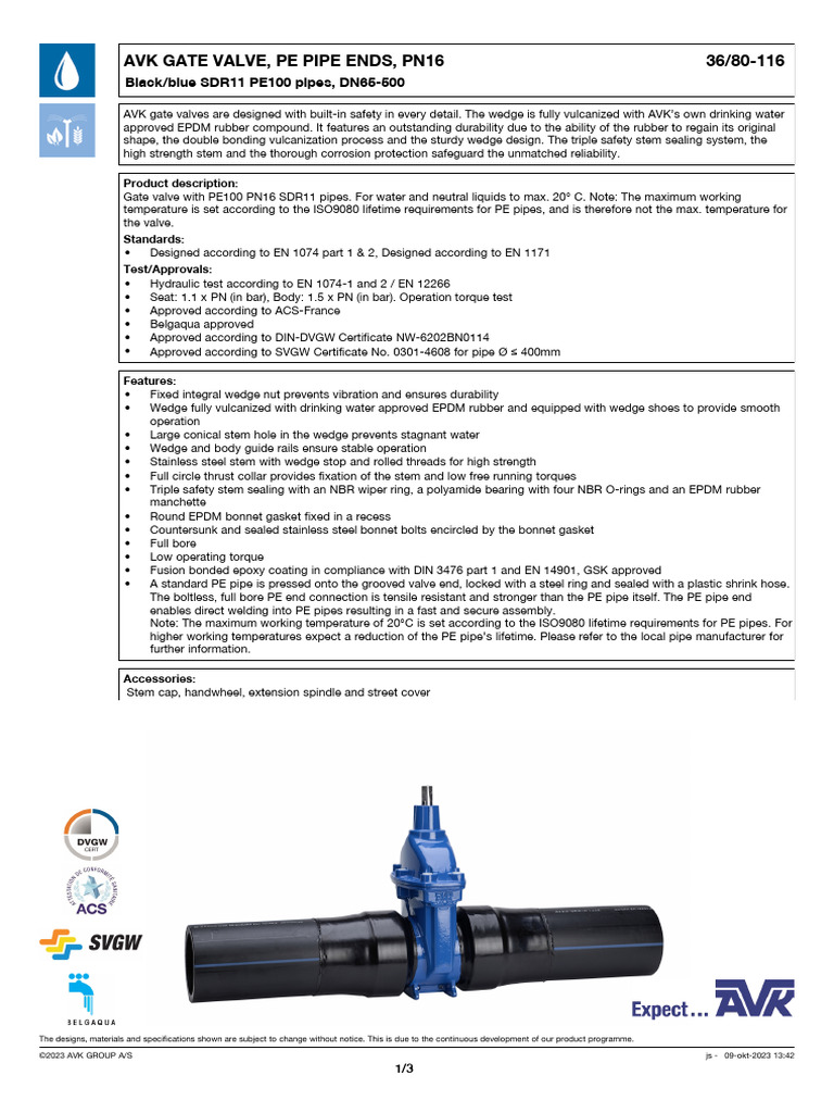 AVK Gate Valve With Polyethylene Pipe End | Download Free PDF | Pipe (Fluid Conveyance) | Valve