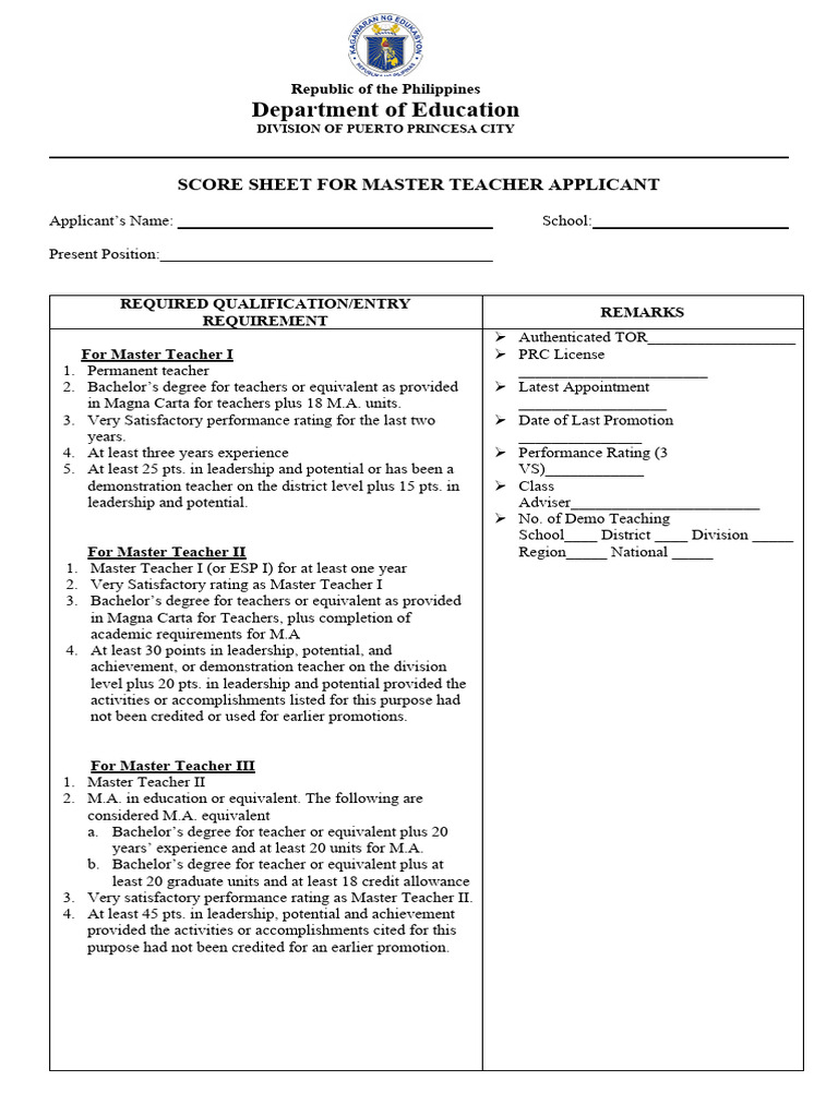 SCORE SHEET FOR MASTER TEACHER APPLICANT F | PDF | Academic Degree ...