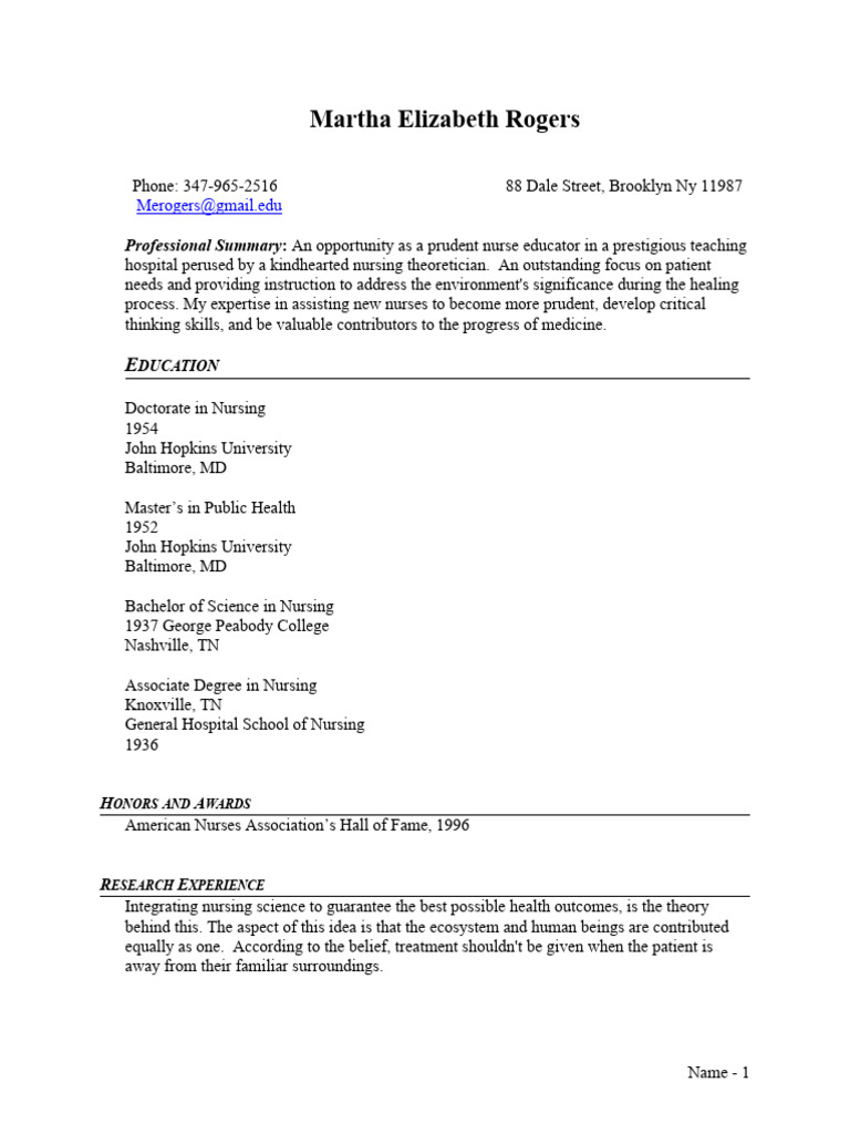 (My CV) Martha Elizabeth Rogers (My CV) | PDF | Nursing | Health Sciences