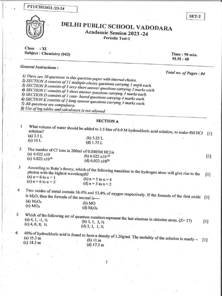 Chemistry Class 11 Term 1 Paper | PDF