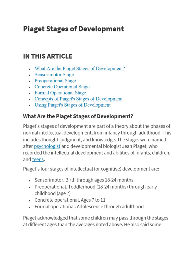 Piaget Stages of Development | PDF | Cognitive Development | Schema ...