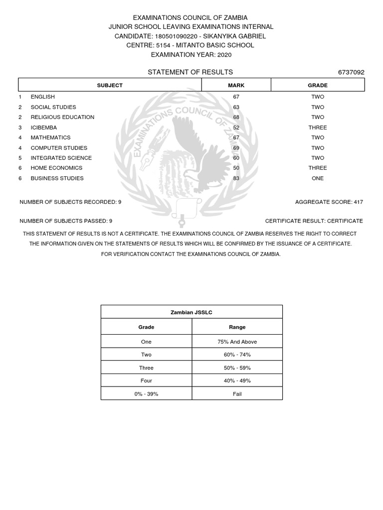 Junior Exam Results Summary | PDF | Science